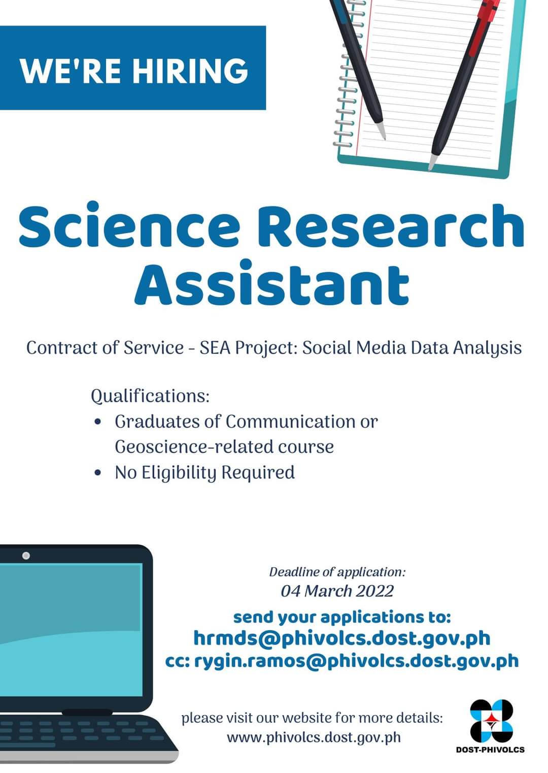 Job Opportunity Hiring: Phivolcs Science Research Assistant - DAVAO LIFE