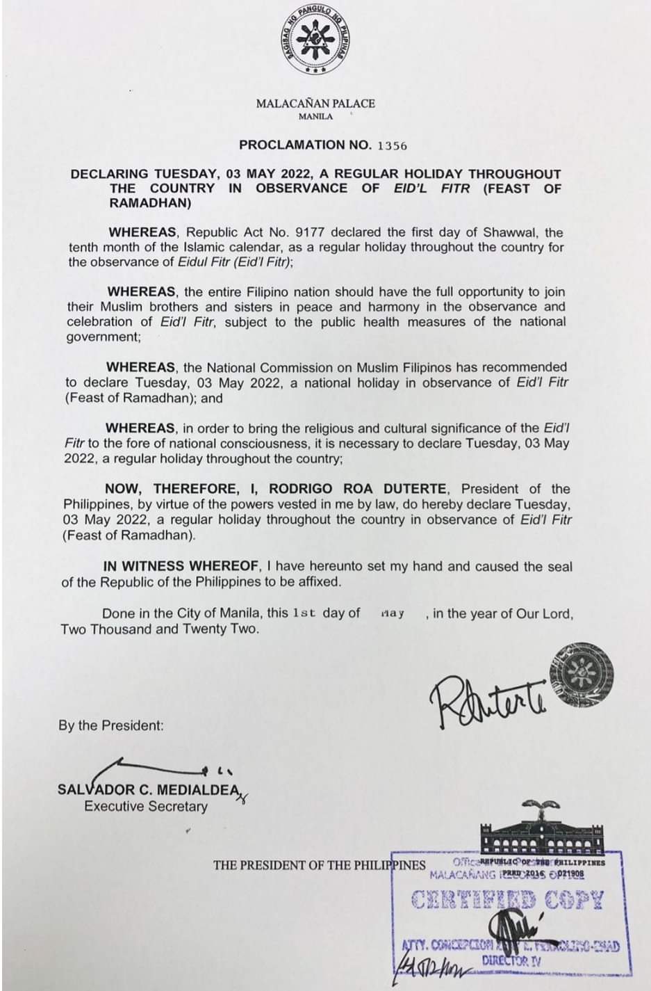 Eid'l Fitr Feast of Ramadhan on May 3, 2022 Regular Holiday - DAVAO LIFE