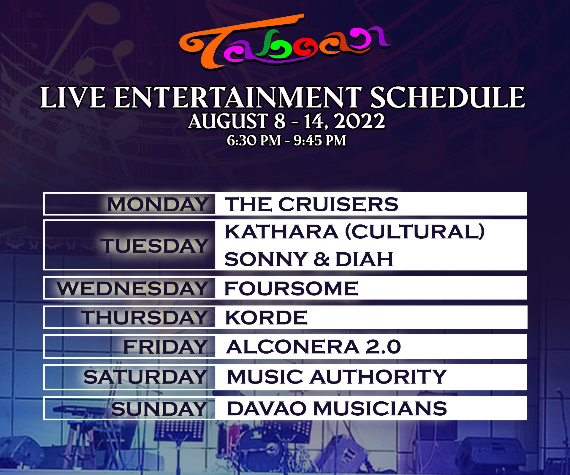 Matina Town Square Taboan Live Entertainment Schedule August 2022 ...
